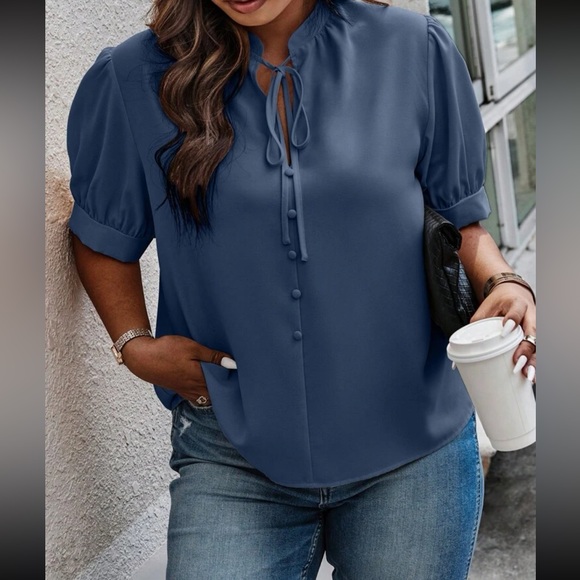 Tops | Plus Size Tie Neck Puff Sleeve Blouse | Poshmark